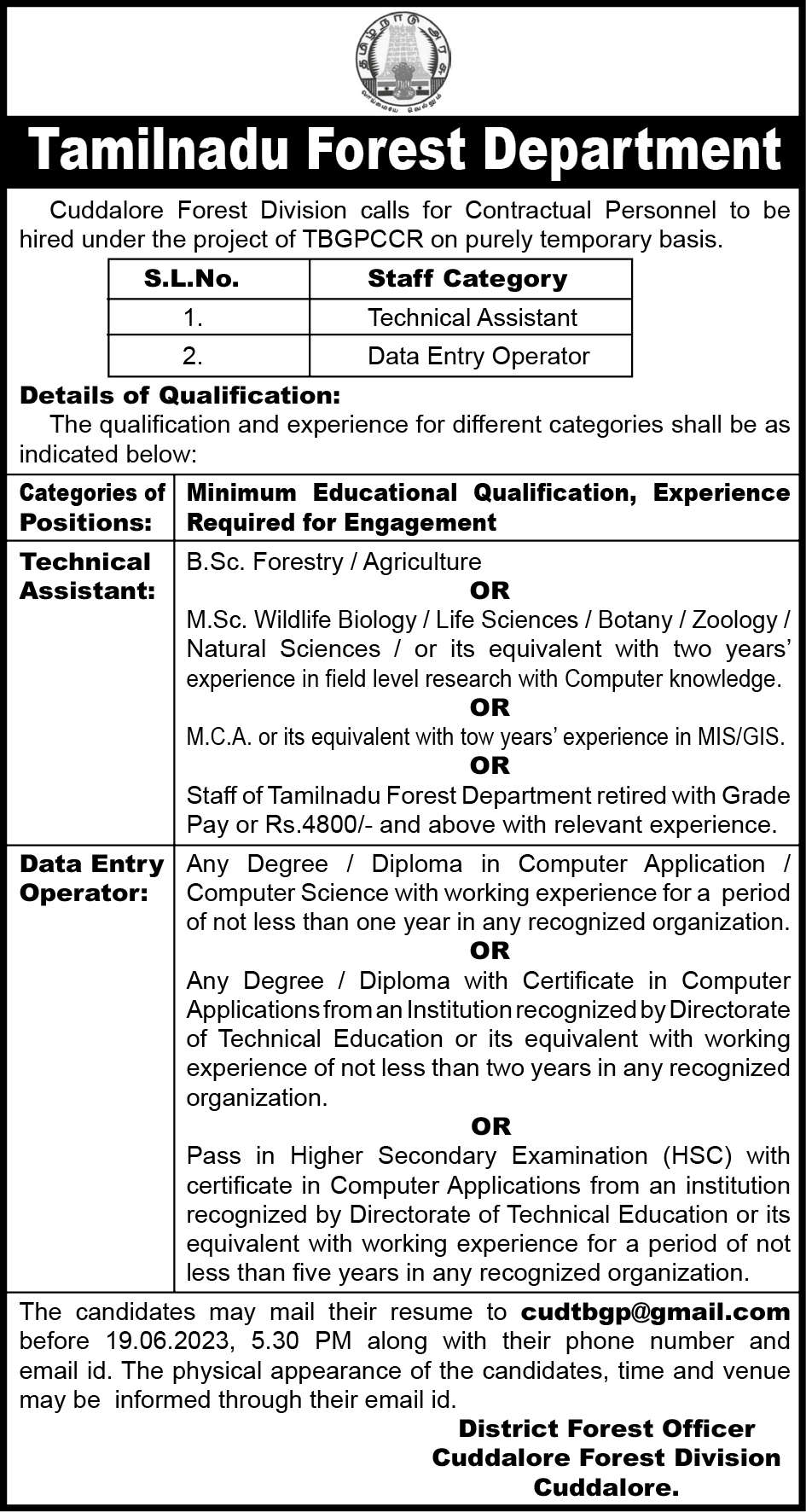 Cuddalore Forest Department Recruitment 2023 DEO & Technical Assistant ...